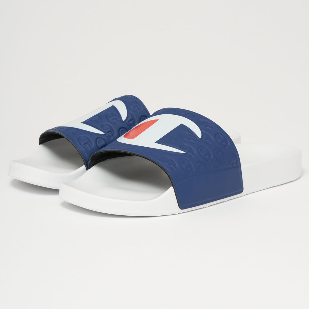 Champion Big Logo Slides - White & Blue – Stuarts London